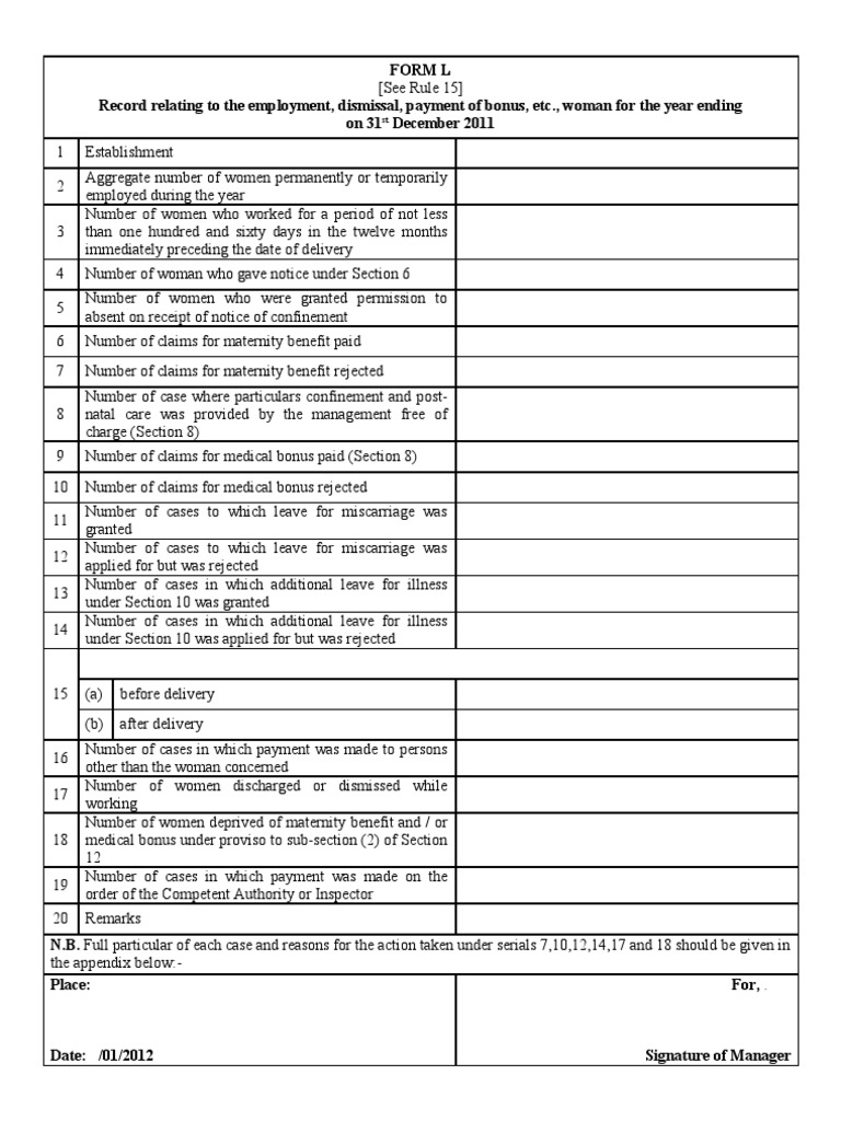 Maternity Benefit Compliance Form L | PDF