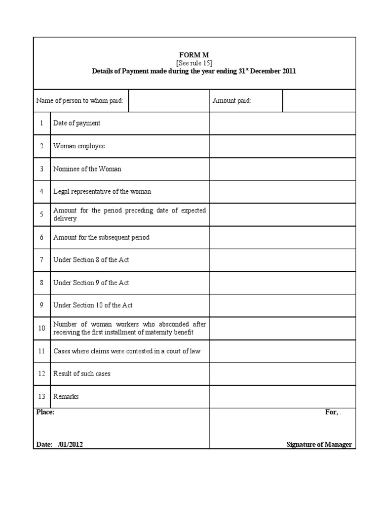 Form M Under Maternity Benefit Act | PDF