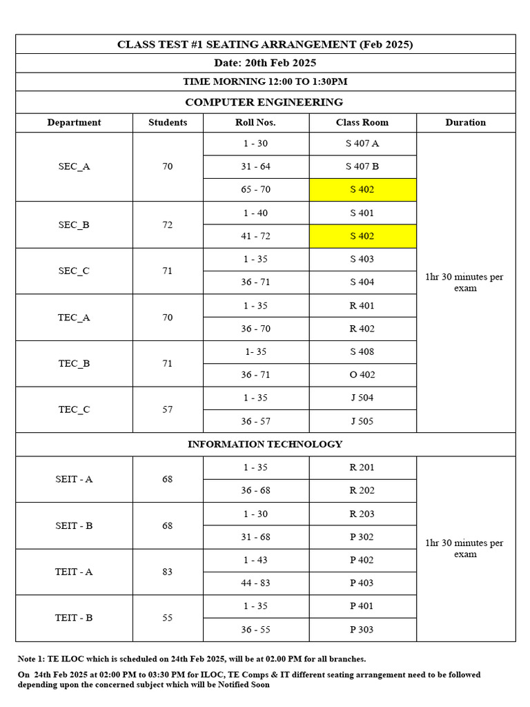 CLASS TEST IA #1 SEATING ARRANGEMENT (Feb - 2025) - 20th Feb 2025 ...