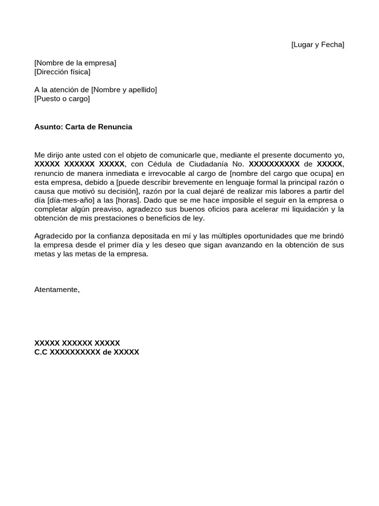 Carta de Renuncia - Inmediata | PDF