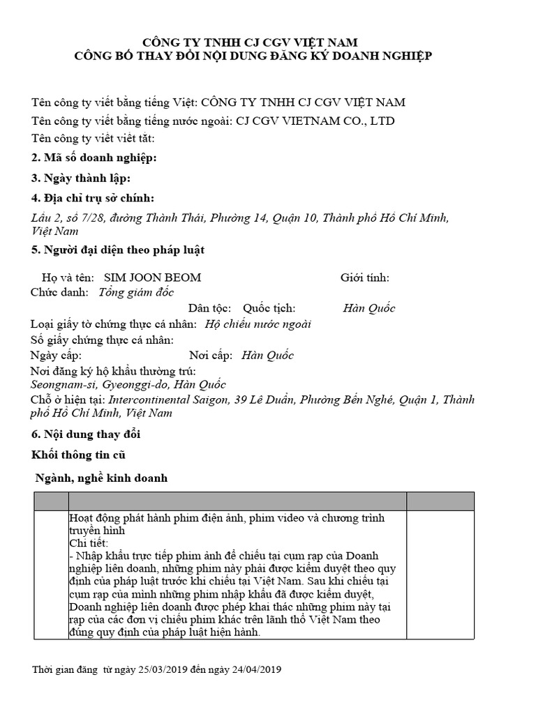 CJ CGV VN - Info Change - 190325 | PDF