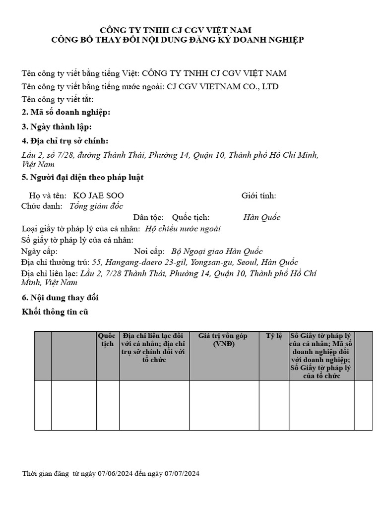 CJ CGV VN - Info Change - 240610 | PDF