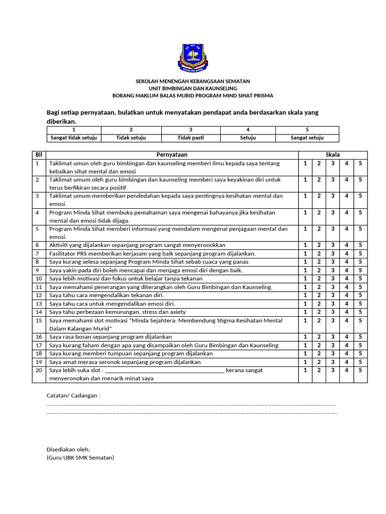 Soal Selidik Minda Sihat Prisma Smk Sematan | PDF
