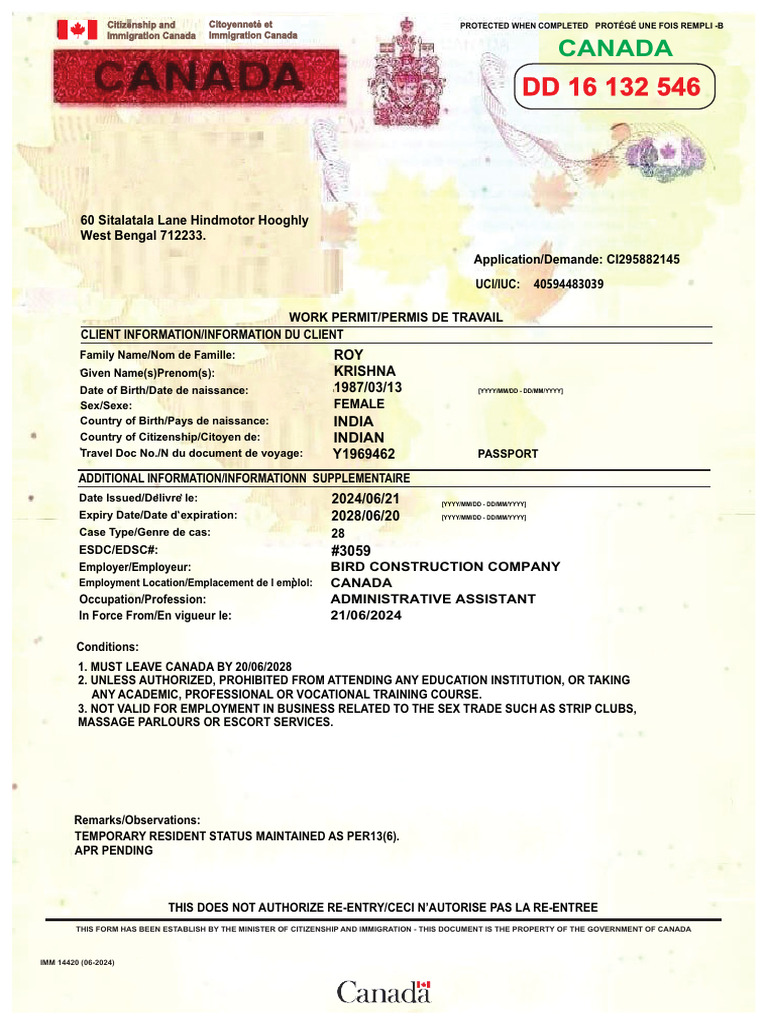Work Permit Application Details for Canada | PDF | Government And ...