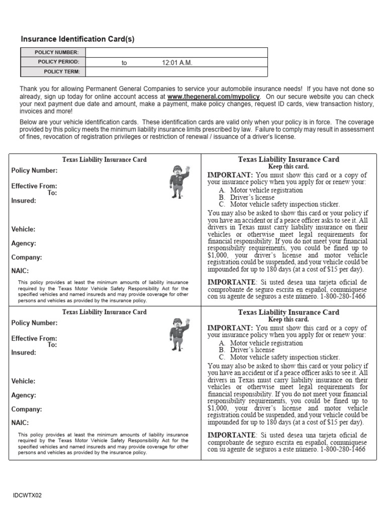 Texas Liability Insurance Card Template | PDF | Insurance | Identity ...