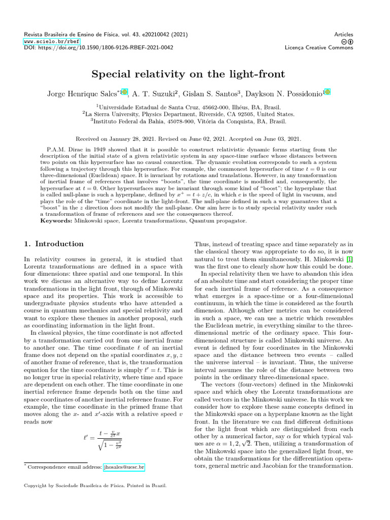 2021 - Special Relativity On The Light-Front | PDF | Special Relativity ...