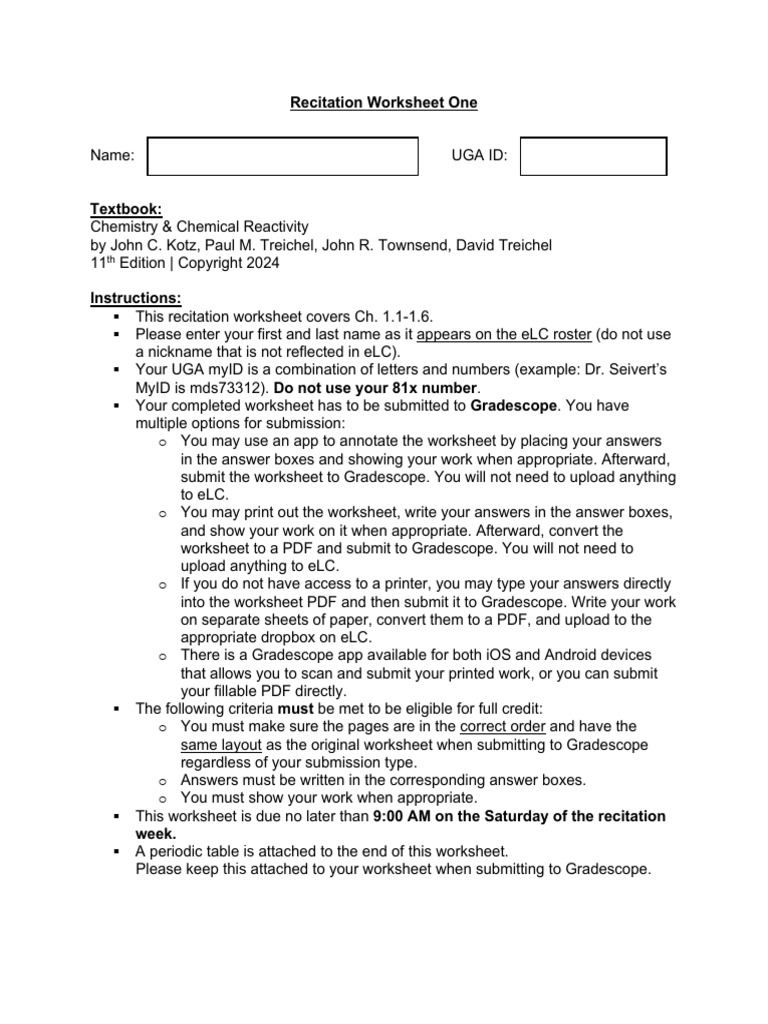 Recitation Worksheet One | PDF | Mixture | Gases