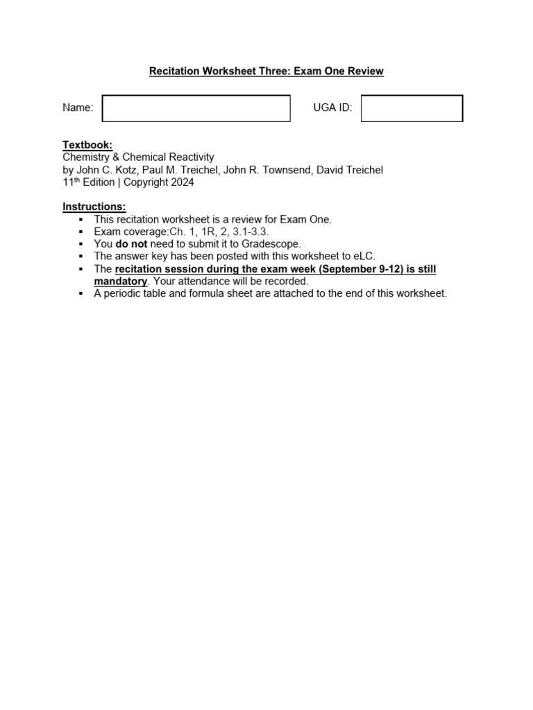 Recitation Worksheet Three (Exam One Review) | PDF | Chemical Elements ...