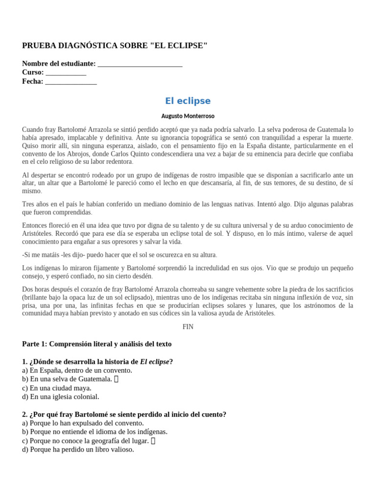 Análisis y Comprensión de "El Eclipse" | PDF | Adverbio | Verbo