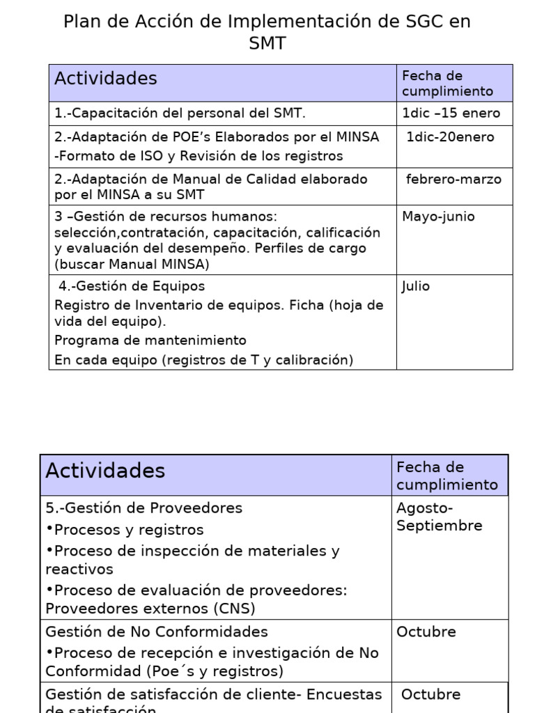 Plan Accion de Implementacion Del SGC en SMT en Nicaragua | PDF