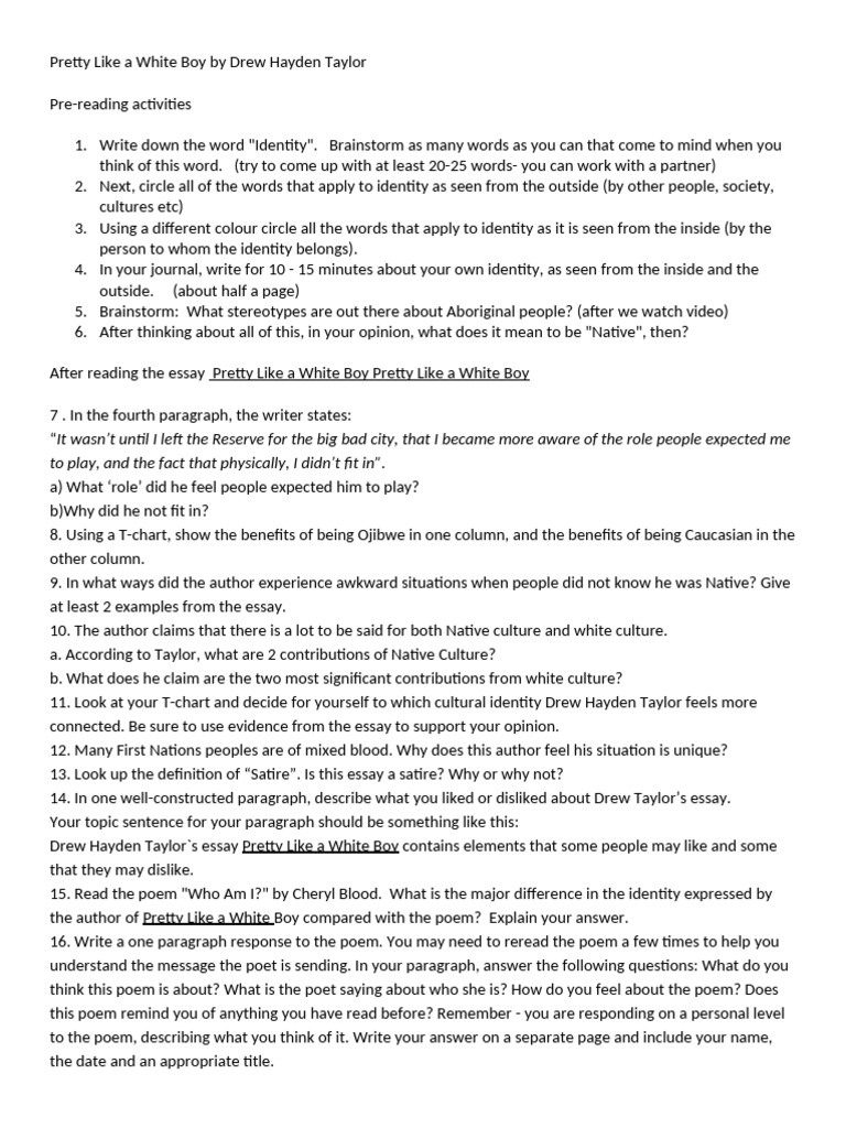 Pretty Like A White Boy Questions Drew Hayden Taylor Questions With ...