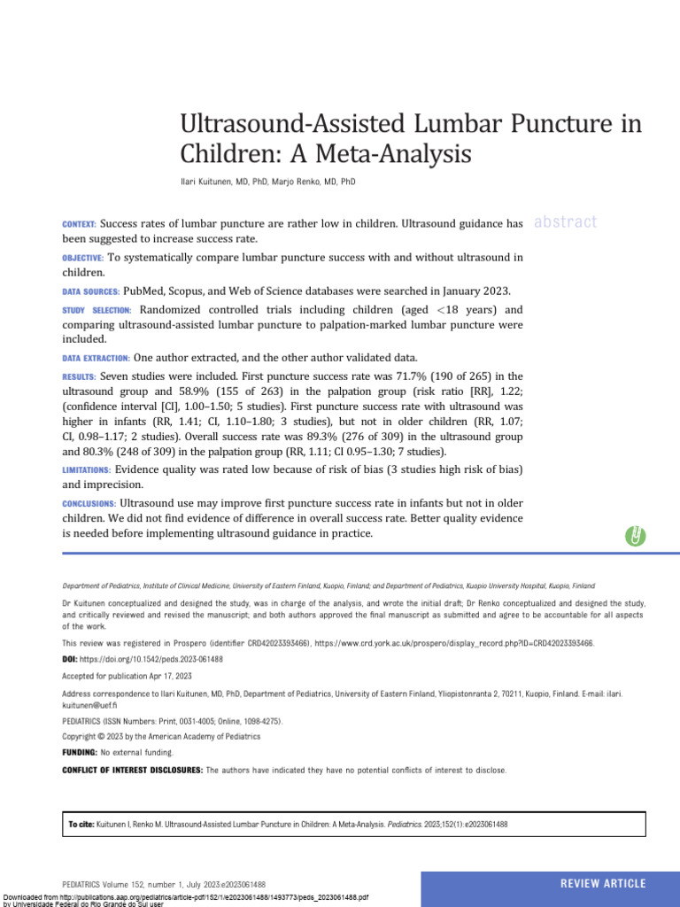 Ultrasound-Assisted Lumbar Puncture in | PDF | Meta Analysis | Risk
