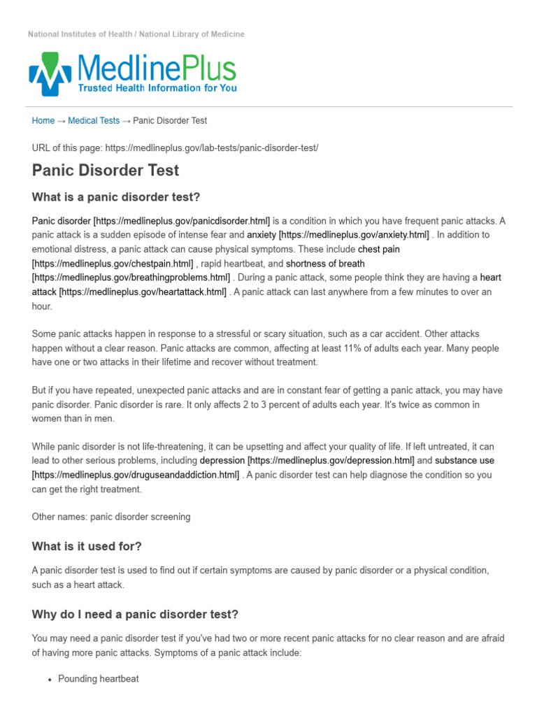 Panic Disorder Test - MedlinePlus Medical Test | PDF | Panic Attack ...