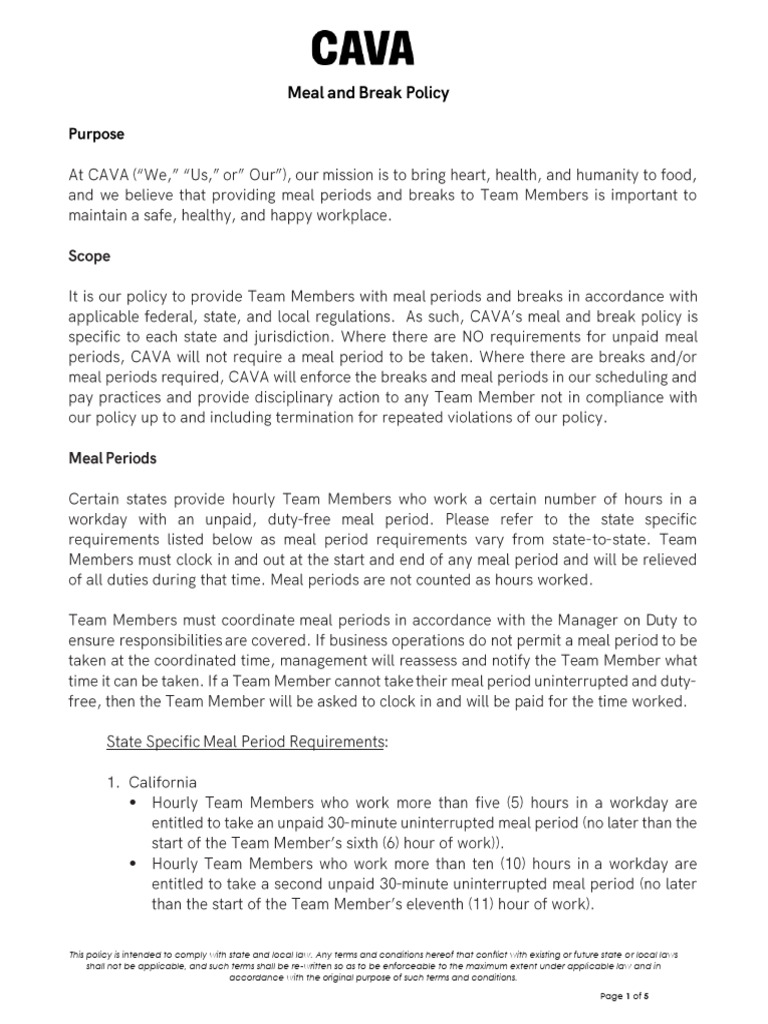 2023 CAVA Meal and Break Policy | PDF | Justice | Crime & Violence