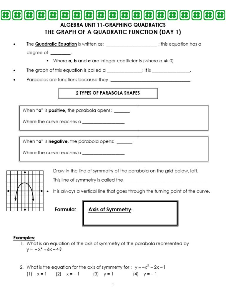 Alg Unit 11 Notes Graphing Quads | PDF | Quadratic Equation | Mathematics