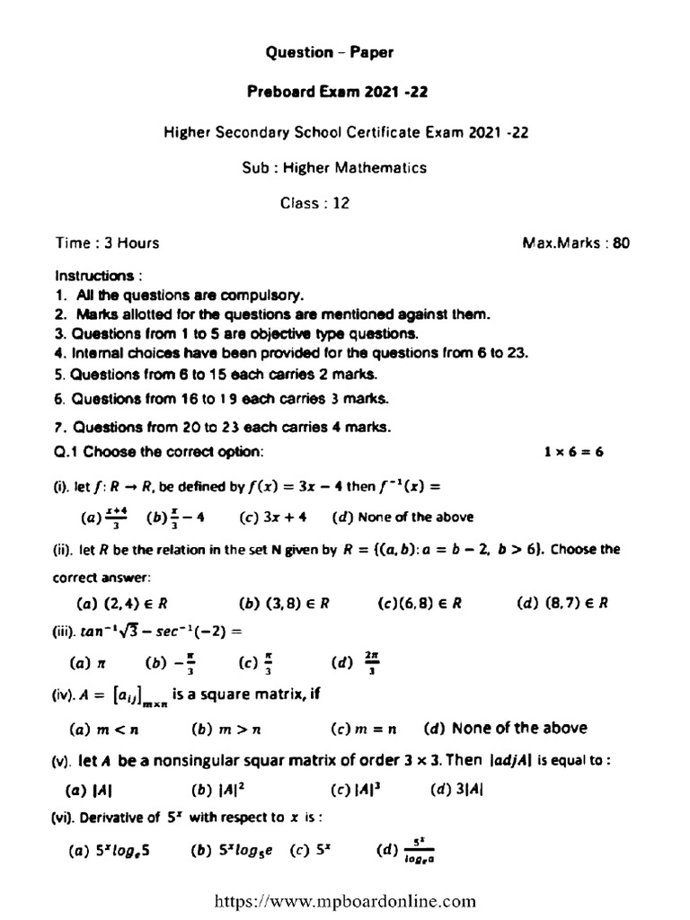MP Board Class 12 PB Higher Mathematics 160822 2022 | PDF