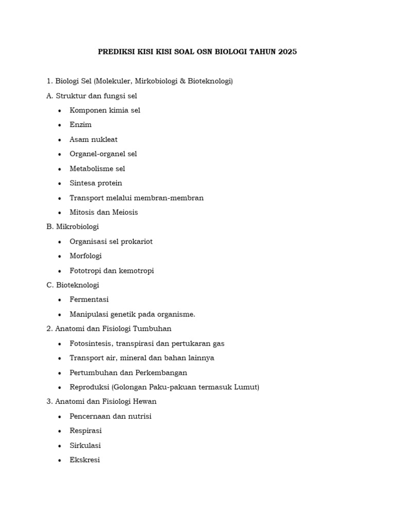 Prediksi Kisi Kisi Soal Osn Biologi Tahun 2025 | PDF