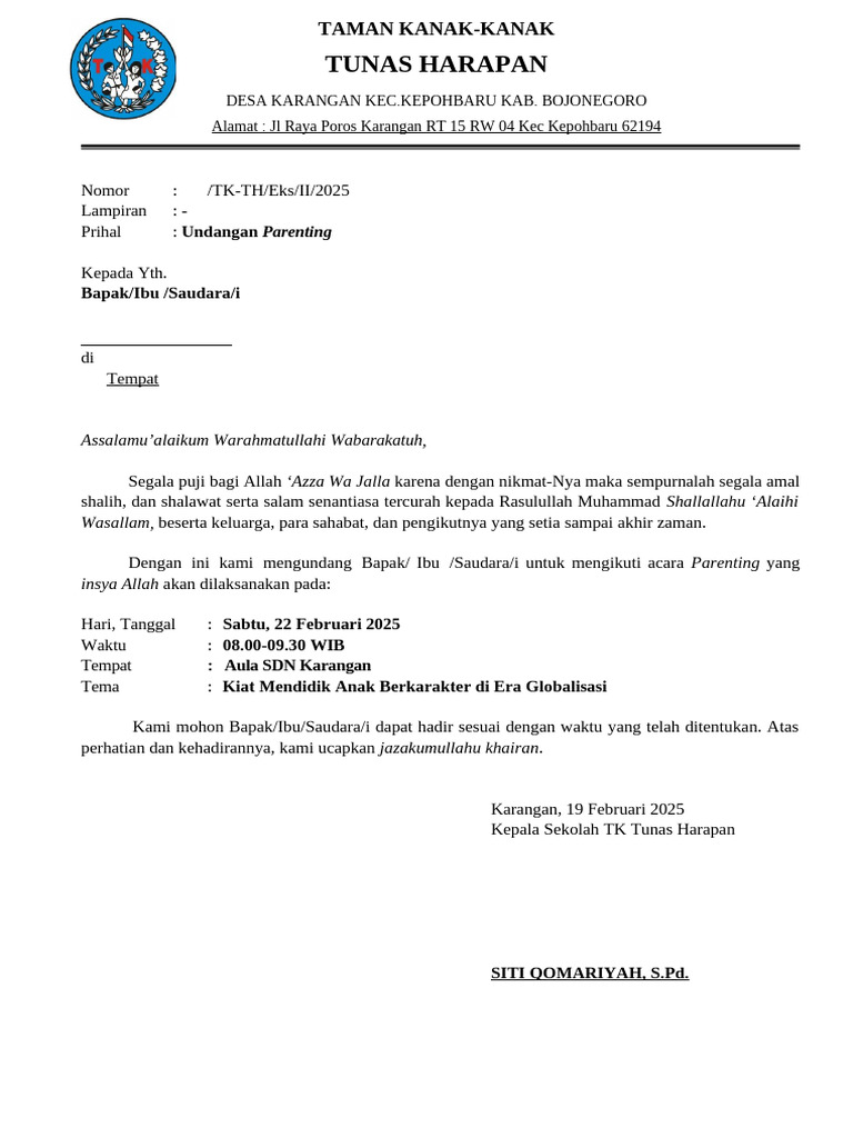 Undangan Parenting TK Tunas Harapan | PDF