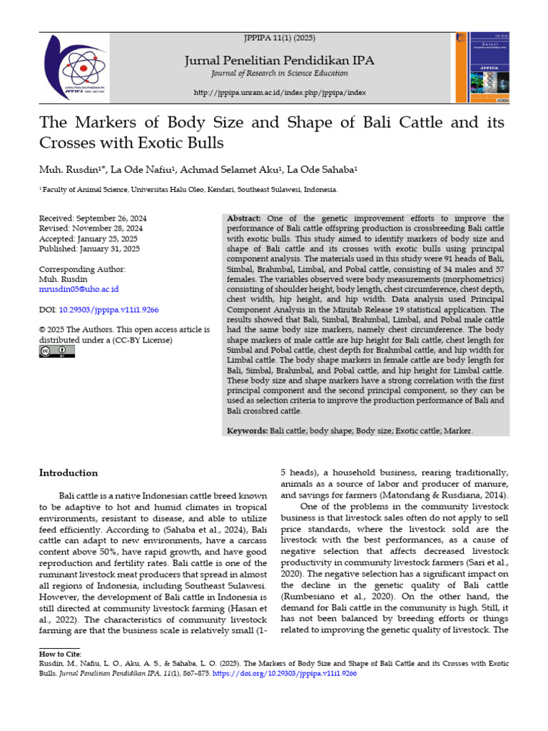 The Markers of Body Size and Shape of Bali Cattle and Its - M. Rusdin PUBLISH - 9266 | PDF ...