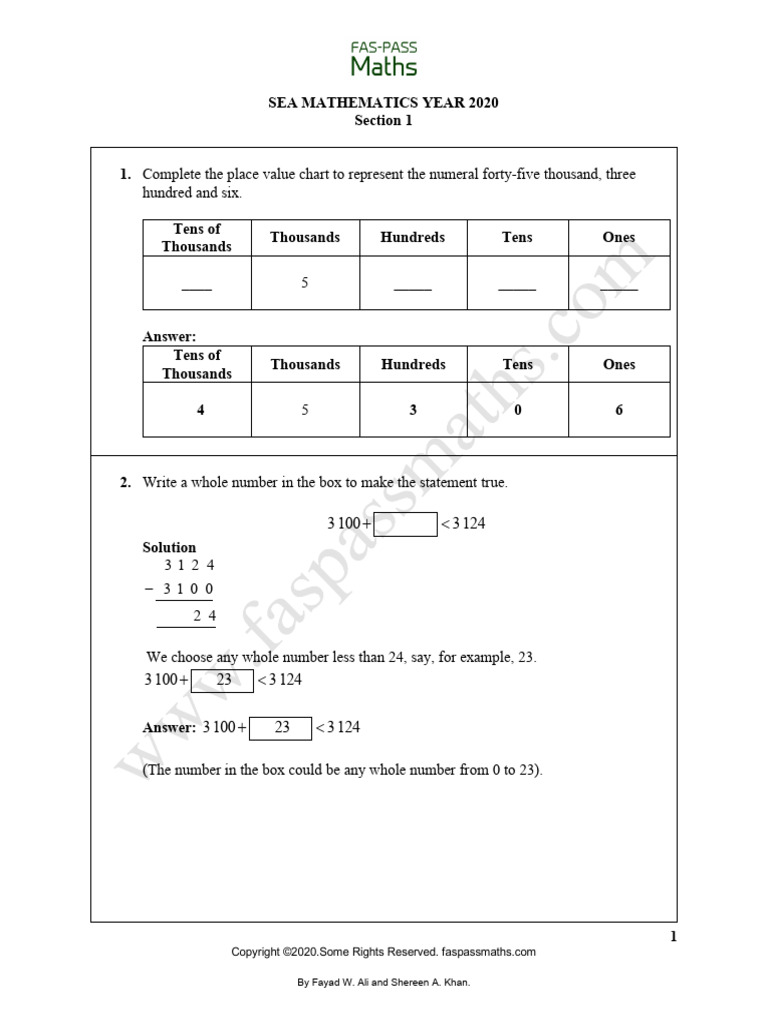 SEA Maths 2020 Past Paper Solutions | PDF | Mathematics | Numbers