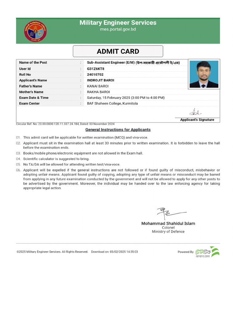 AdmitCard MES G31Z6KT8 | PDF