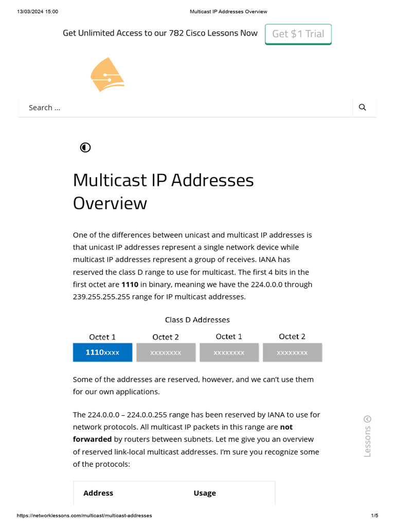 Multicast IP Addresses Overview | PDF | Ip Address | Multicast