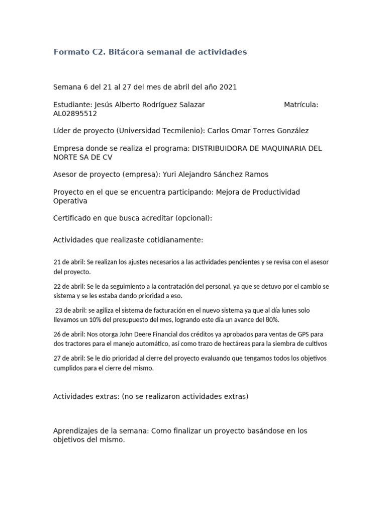 Formato C2 Bitacora Semana 6 Proyecto II Bloque III | PDF
