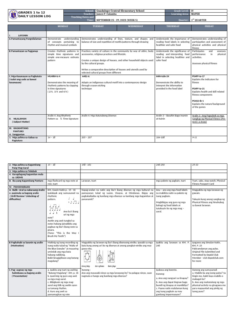DLL - Mapeh 4 - Q1 - W5 | PDF