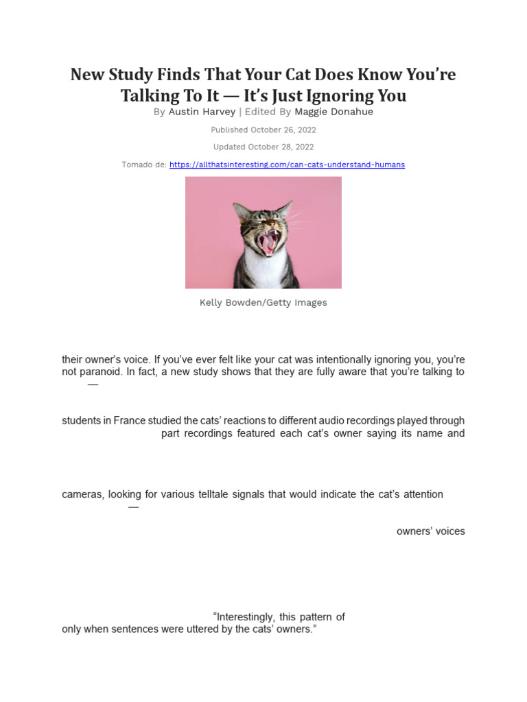New Study Finds That Your Cat Does Know You | PDF | Cats | Pet