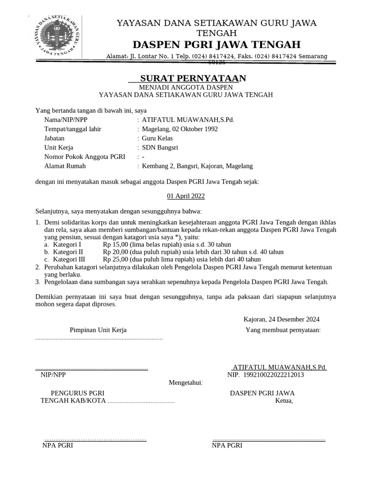 Pernyataan Keanggotaan Daspen PGRI Jateng | PDF