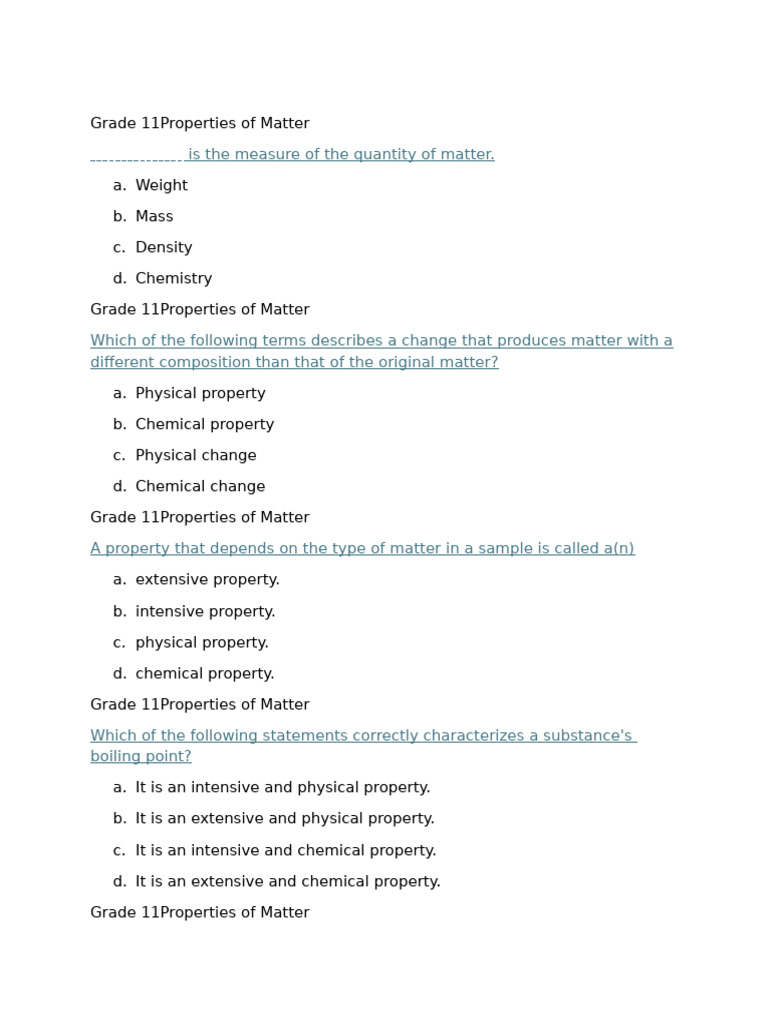 Chemistry 11 Properties of Matter Quiz | PDF | Gases | Chemical Substances