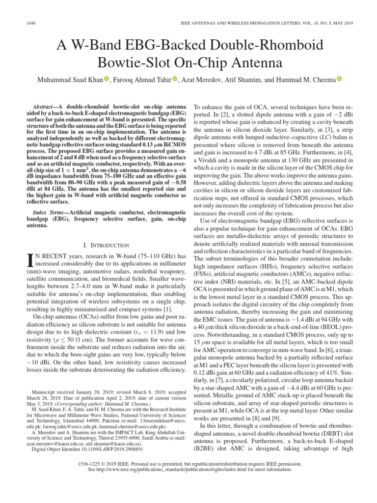 A W-Band EBG-Backed Double-Rhomboid Bowtie-Slot On-Chip Antenna | PDF ...