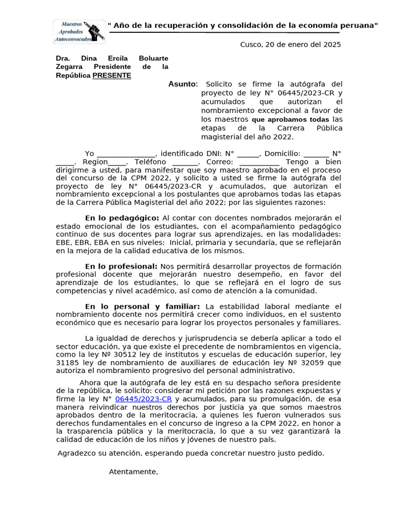 Formato - Carta - Presidenta, Promulgar La Ley 06445 | PDF