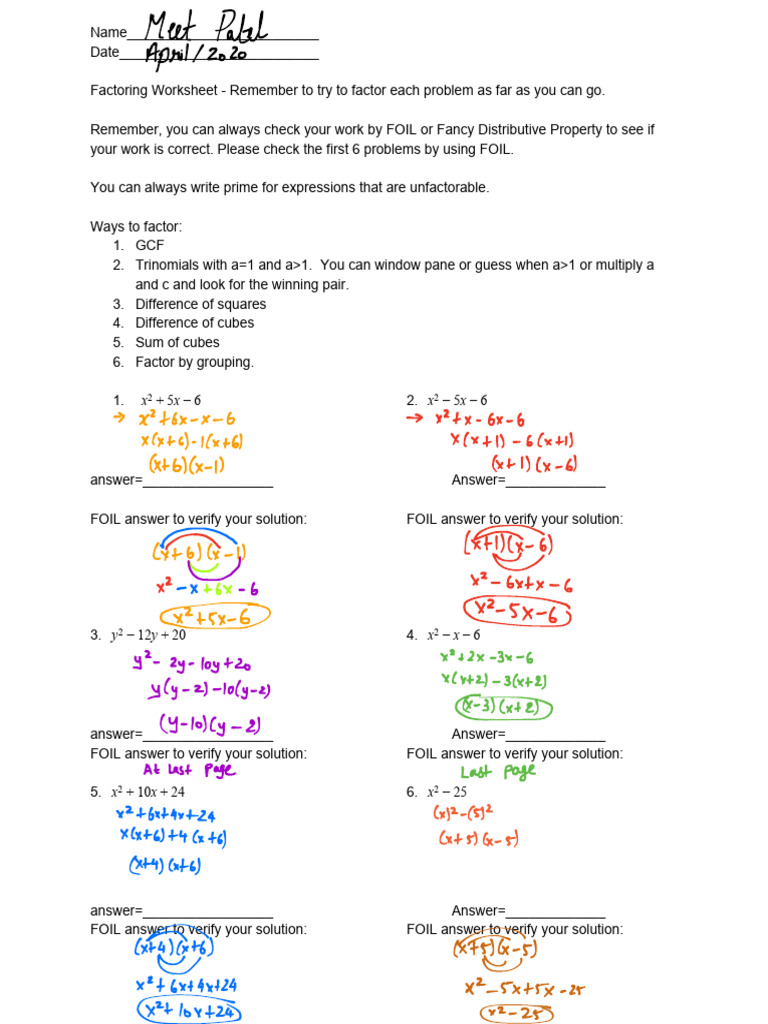 Factoring Worksheet for Algebra Practice | PDF