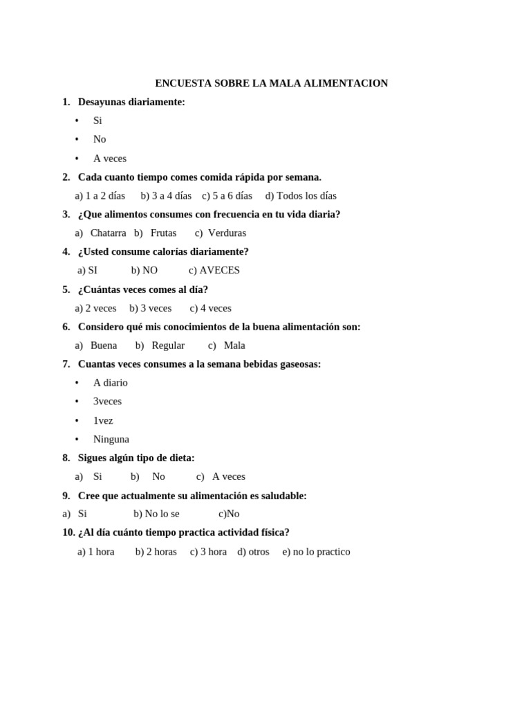 Encuesta Sobre La Mala Alimentacion | PDF