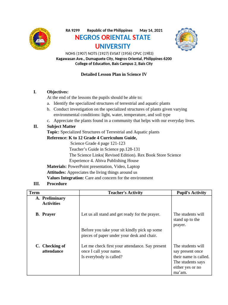 Specialized Plant Structures Lesson Plan | PDF | Trees | Plants