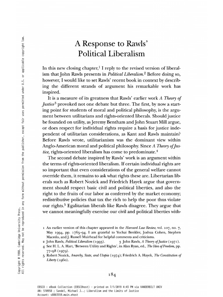 Sandel, A Response To Rawls Political Liberalism | PDF | John Rawls | Liberalism
