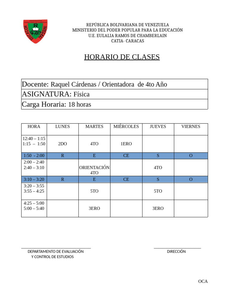 Horarios de Clases U.E. Eulalia Ramos | PDF