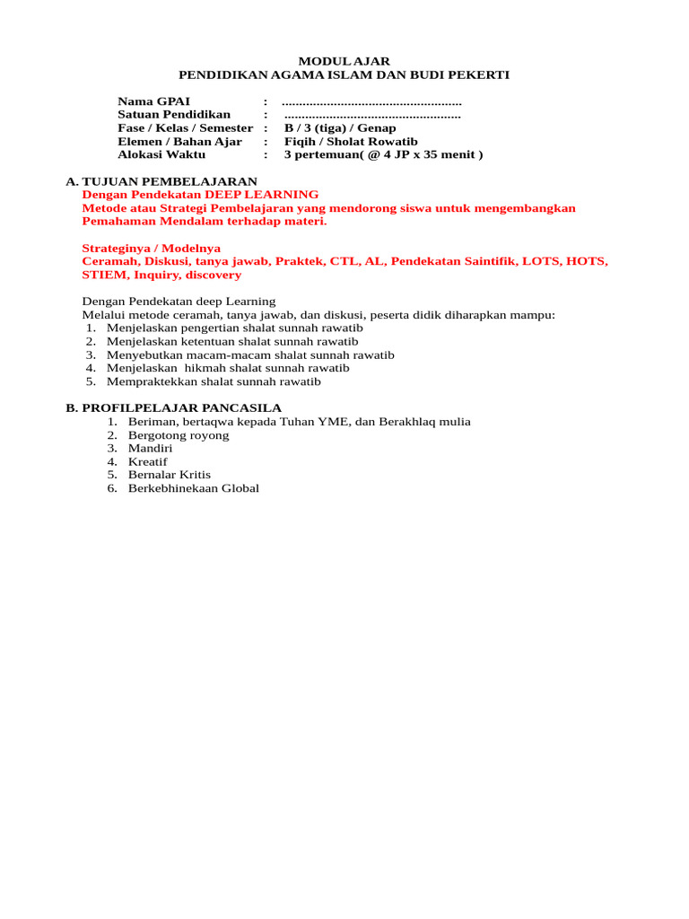 MODUL AJAR DEEP LEARNING Dan PENJELASAN | PDF