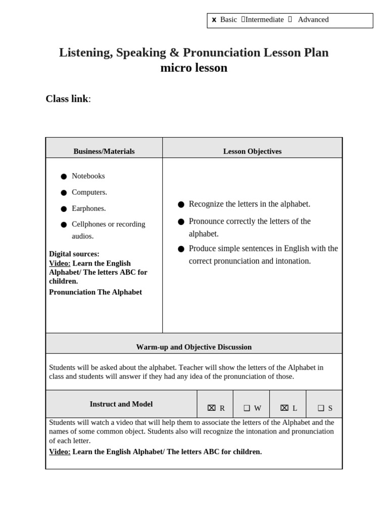 Alphabet Pronunciation Lesson Plan | PDF | Learning | Human Communication