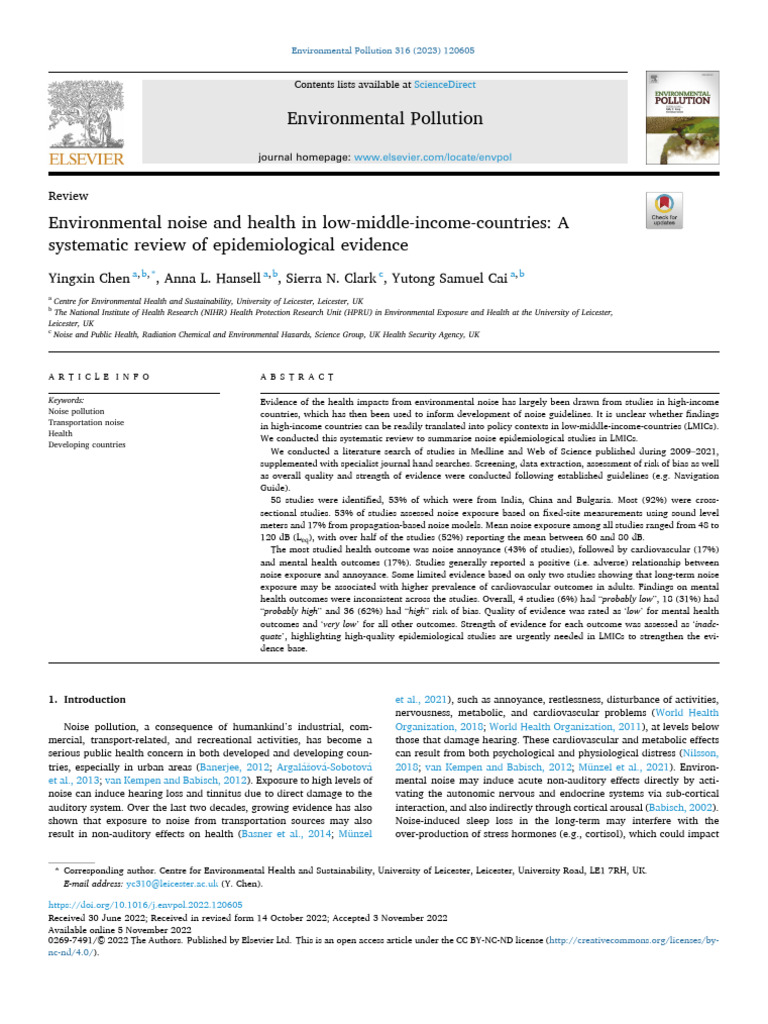 Environmental Noise and Health in Low | PDF | Noise | Systematic Review