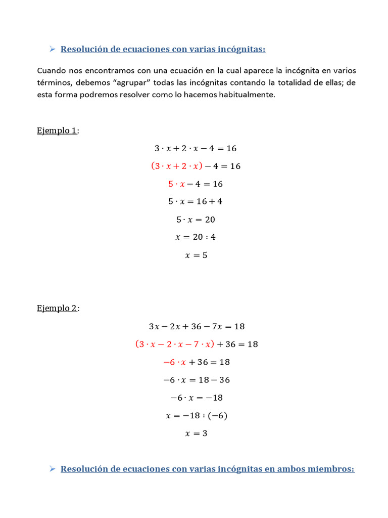 Resolución de ecuaciones con incógnitas | PDF