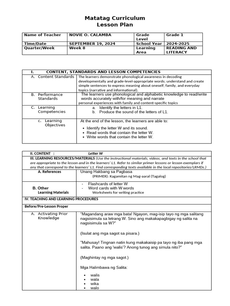 Lesson Plan Reading 2024 | PDF | Cognitive Science | Education Theory