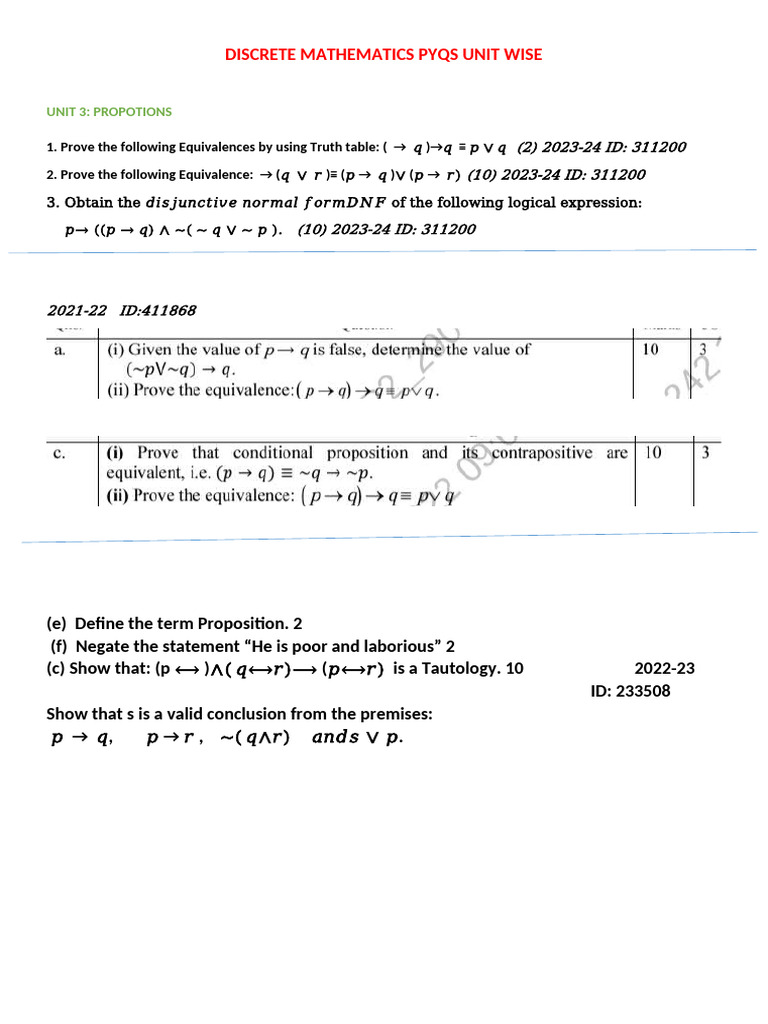 Discrete Mathematics Pyqs Unit Wise | PDF