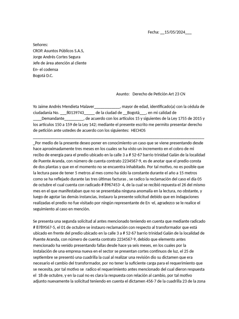 Formato Derecho de Petición Codensa | PDF