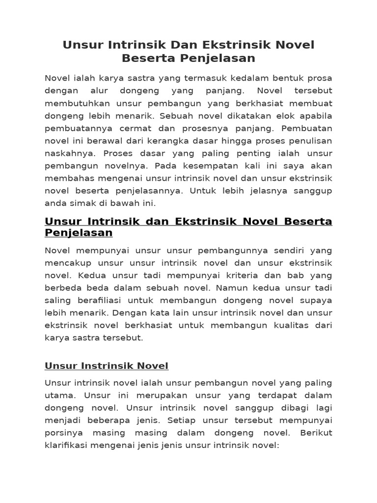 Unsur Intrinsik Dan Ekstrinsik Novel Beserta Penjelasan | PDF