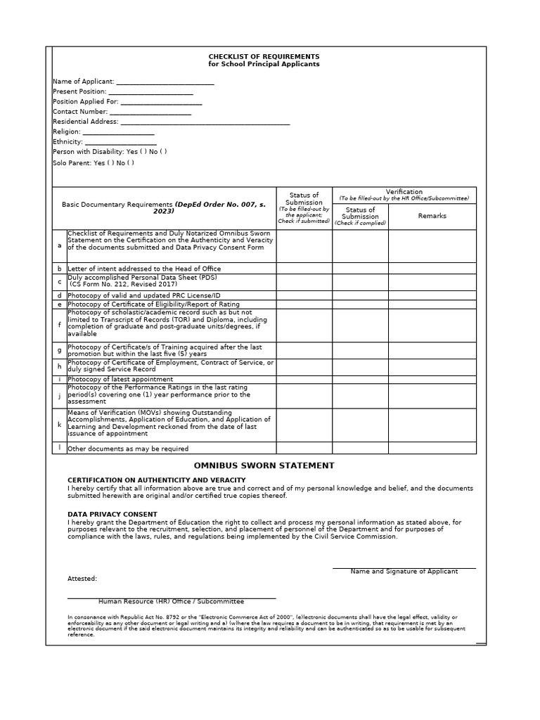 Checklist of Requirements Cum Omnibus Sworn Statement (1) | PDF ...