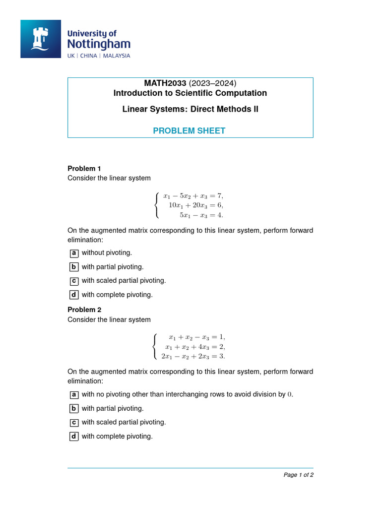 Linear Systems Direct Methods II Problem Sheet | PDF