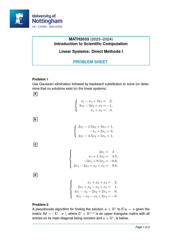 Linear Systems Direct Methods I Problem Sheet | PDF | System Of Linear Equations | Mathematics