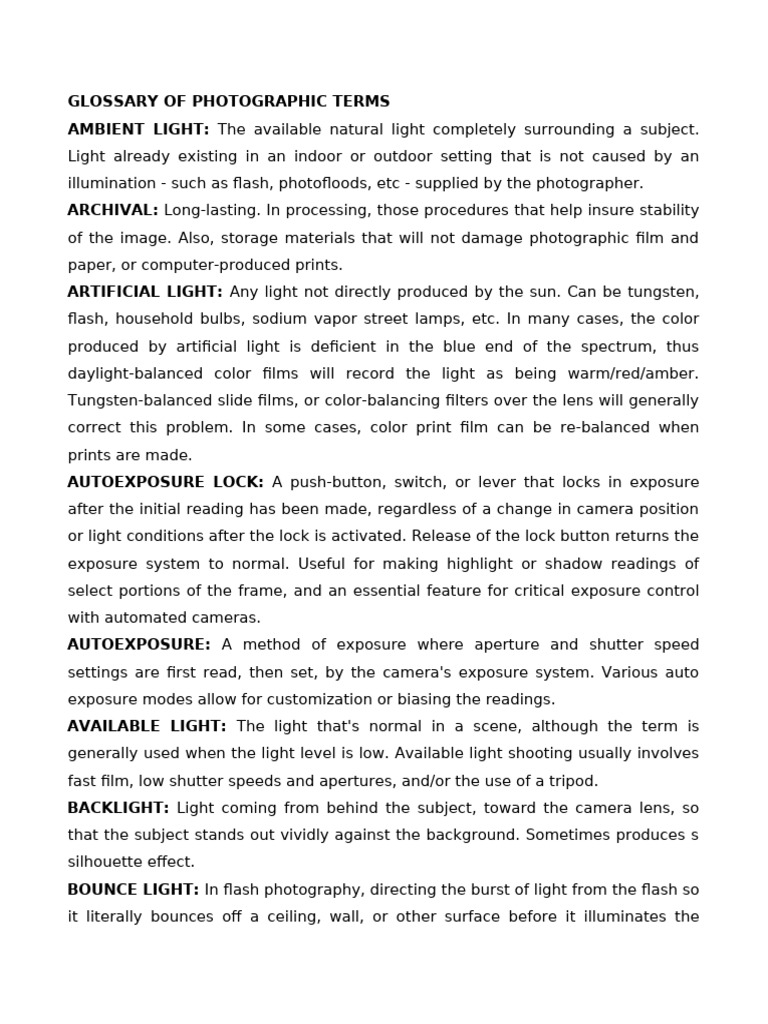 Glossary of Photographic Terms | PDF | Exposure (Photography) | Camera Lens
